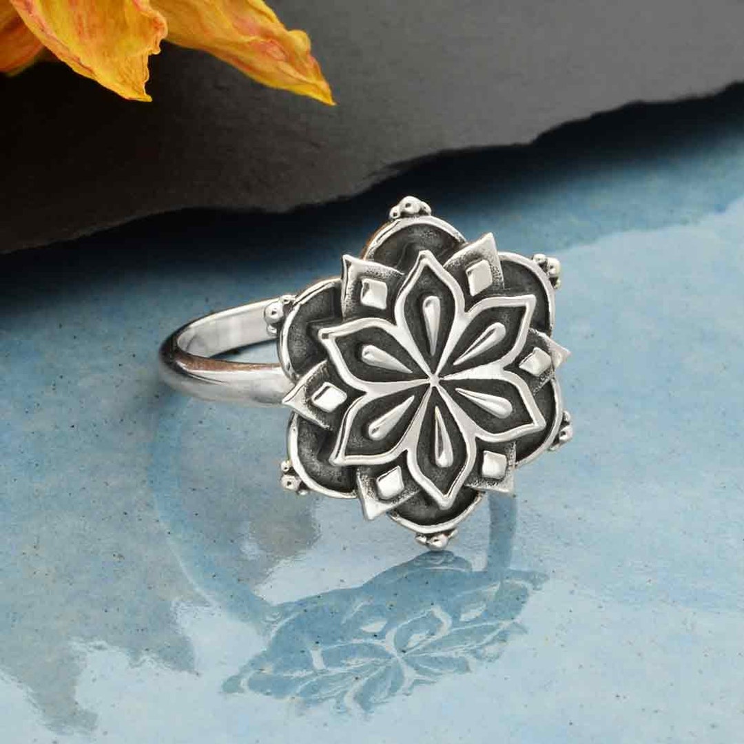 Mandala Ring .925 Sterling Silver Mandala Flower Ring. Meditation ...