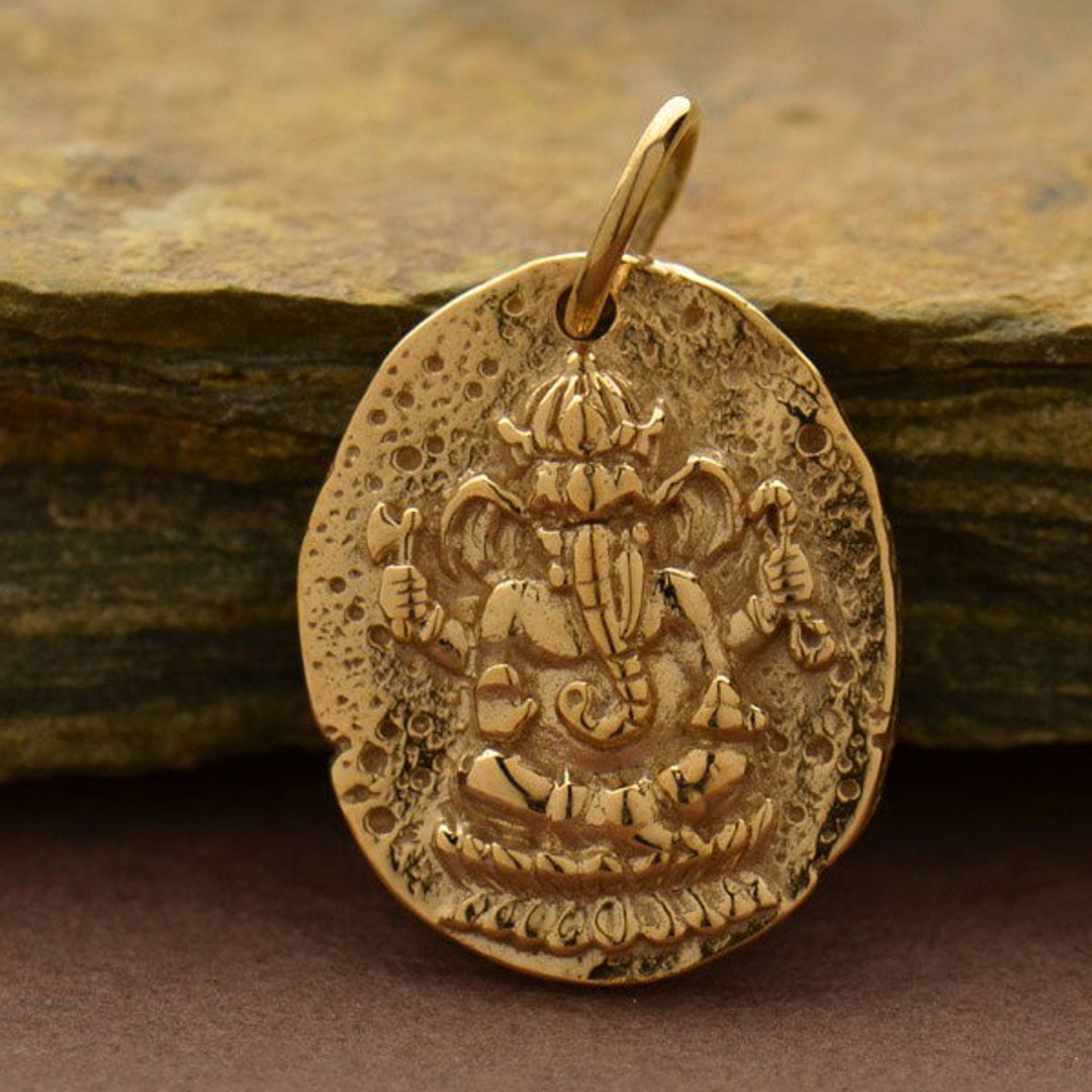 Gold Ganesh Necklace Solid Bronze Round Ganesha Charm on 14K Gold ...