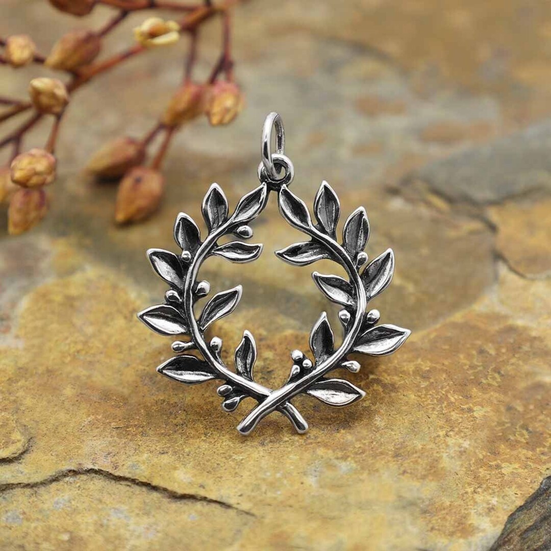 Laurel Wreath Charm 925 Sterling Silver Laurel Charm Necklace Round ...