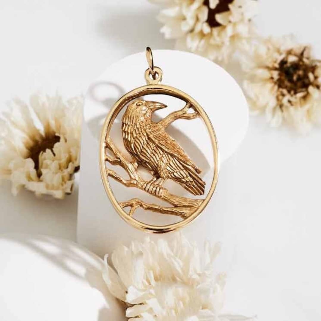 Gold Raven Necklace Solid Bronze Charm or 925 Sterling Silver Raven ...
