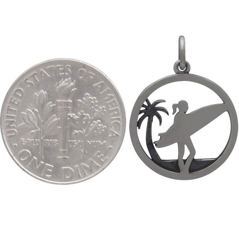 Surf Girl Charm Sterling Silver Surfing Girl Pendant Surfer Charm 925 ...
