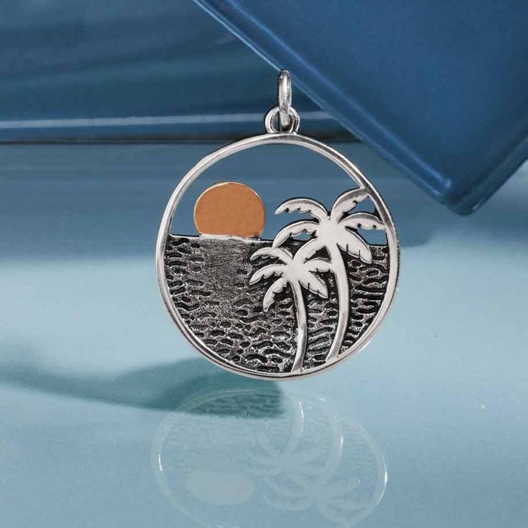 Palm Tree Pendant Sterling Silver Palm Tree Charm With Bronze Sun Mixed ...