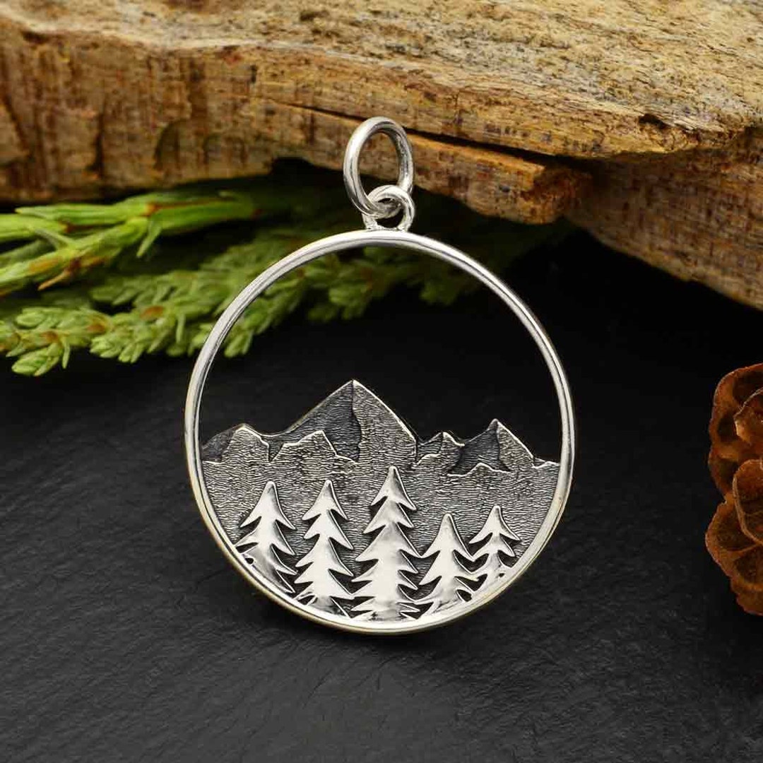 Mountain and Pine Tree Pendant .925 Sterling Silver Round Mountain ...