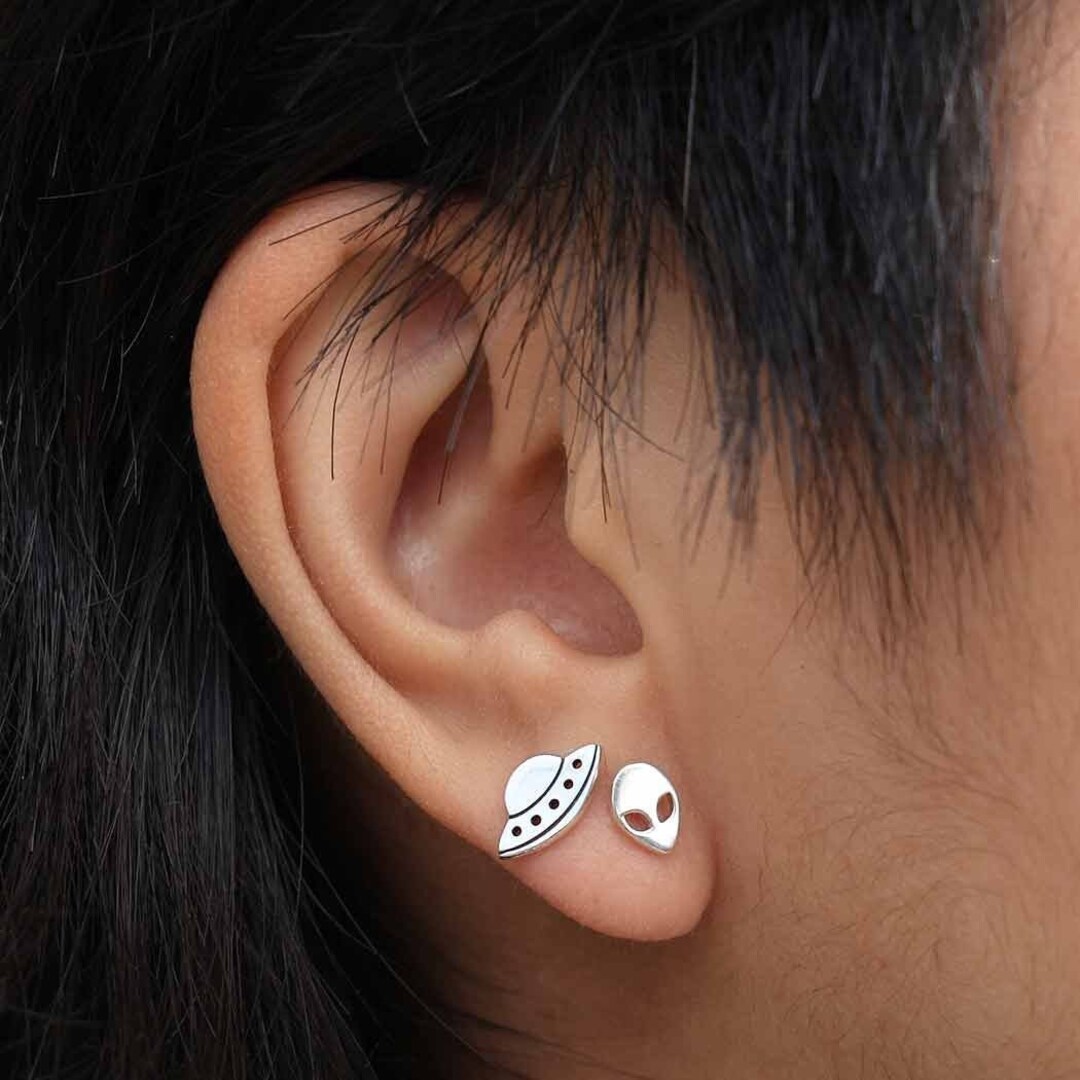 Alien Earrings 925 Sterling Silver Space Studs Rocket Spaceship Post ...