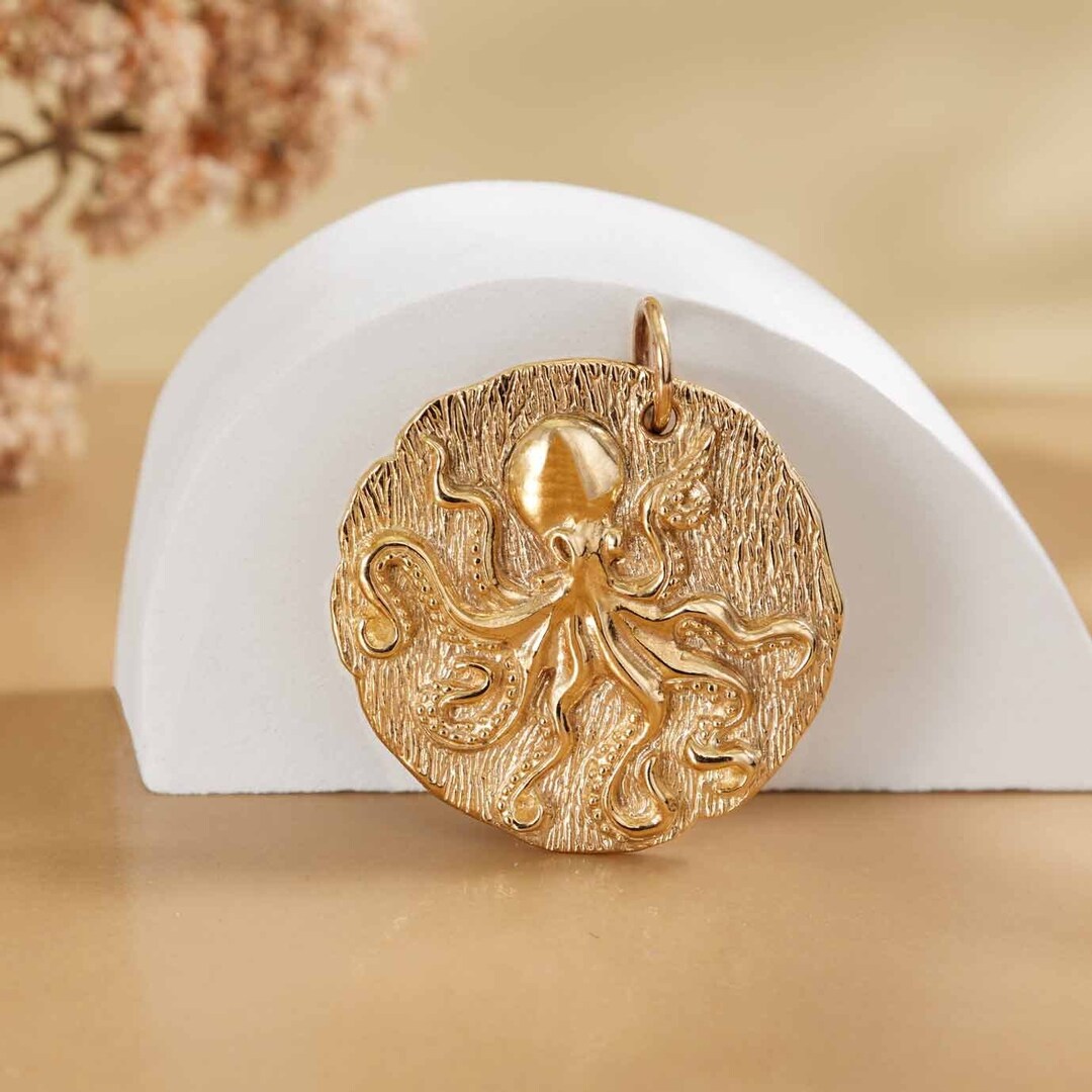 Gold Octopus Necklace Solid Bronze Round Octopus Charm on 14K Gold ...