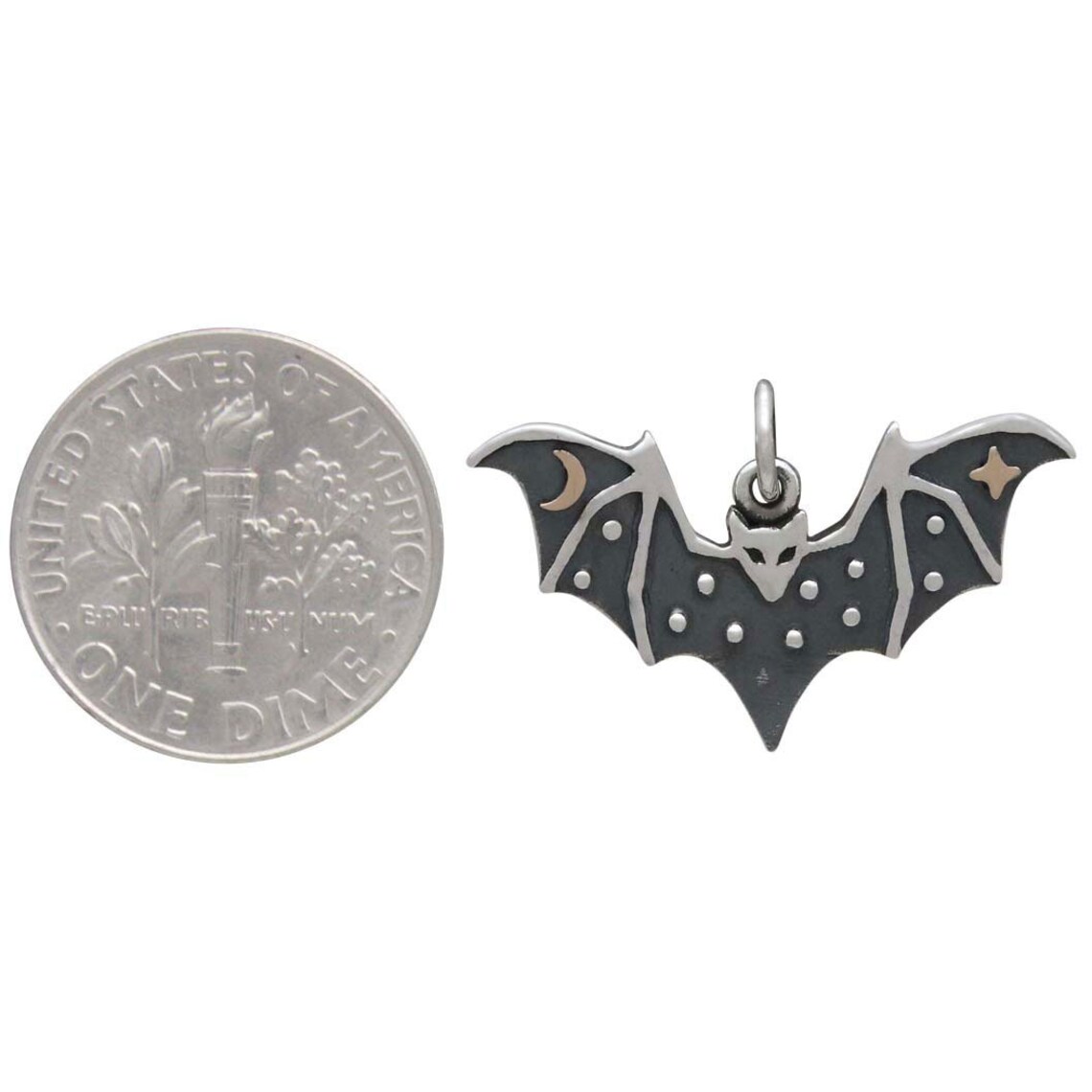 Sterling Silver Bat Charm. Bat Pendant With Bronze Moon and Star ...