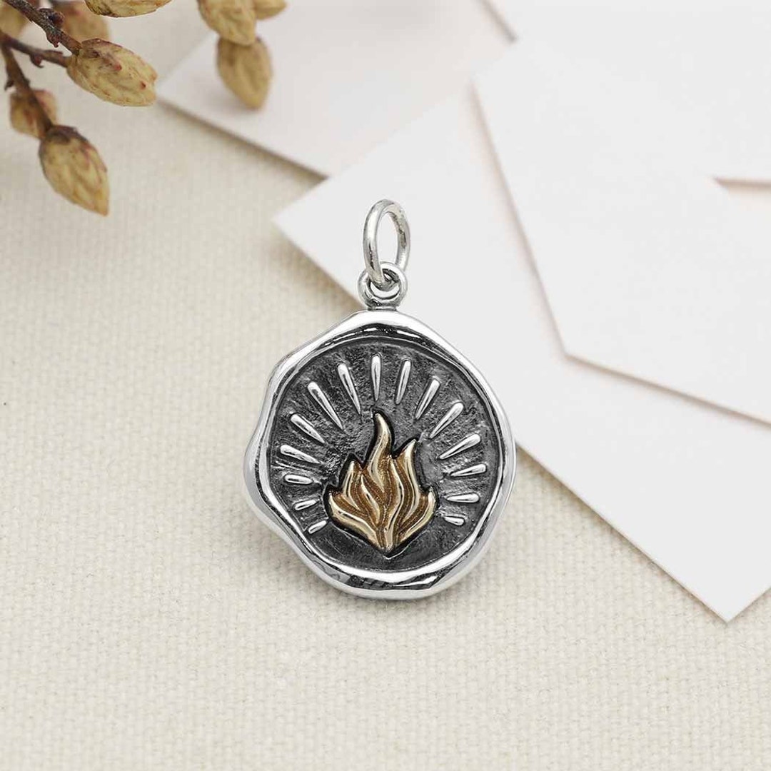 Flame Charm Sterling Silver Wax Seal Charm With Bronze Fire Round Fire ...