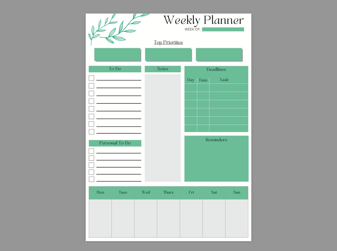 Weekly Planner, Goodnotes, Single Page Planner, Printable, Student ...
