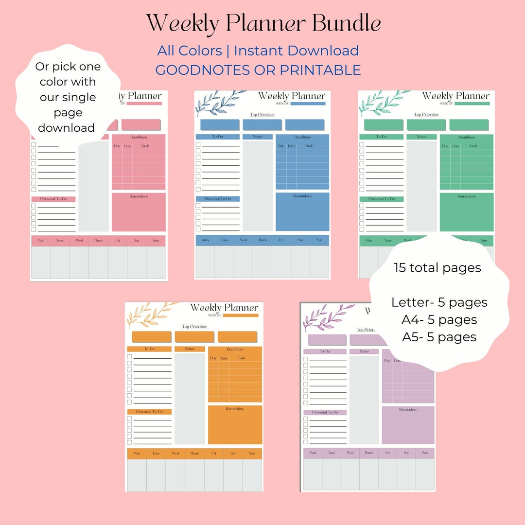 Weekly Planner BUNDLE, Goodnotes, Single Page Planner, Printable ...
