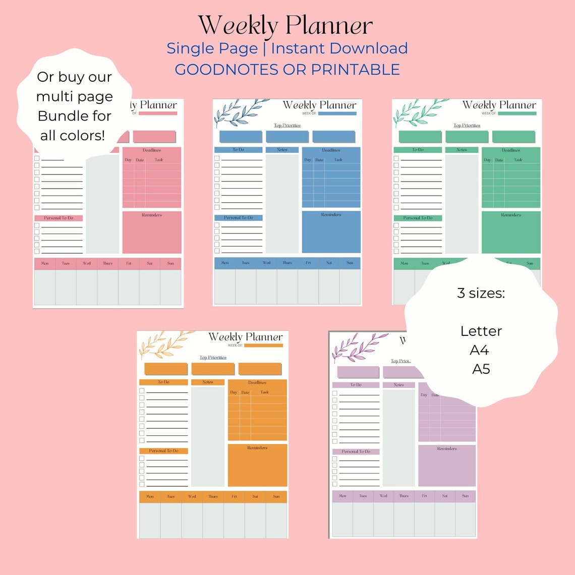Weekly Planner, Goodnotes, Single Page Planner, Printable, Student ...