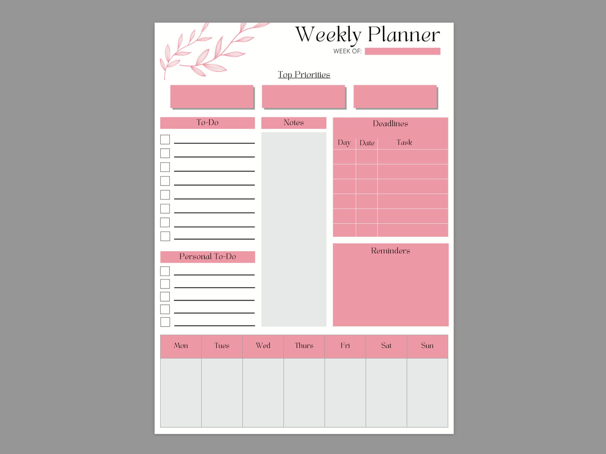 Weekly Planner, Goodnotes, Single Page Planner, Printable, Student ...