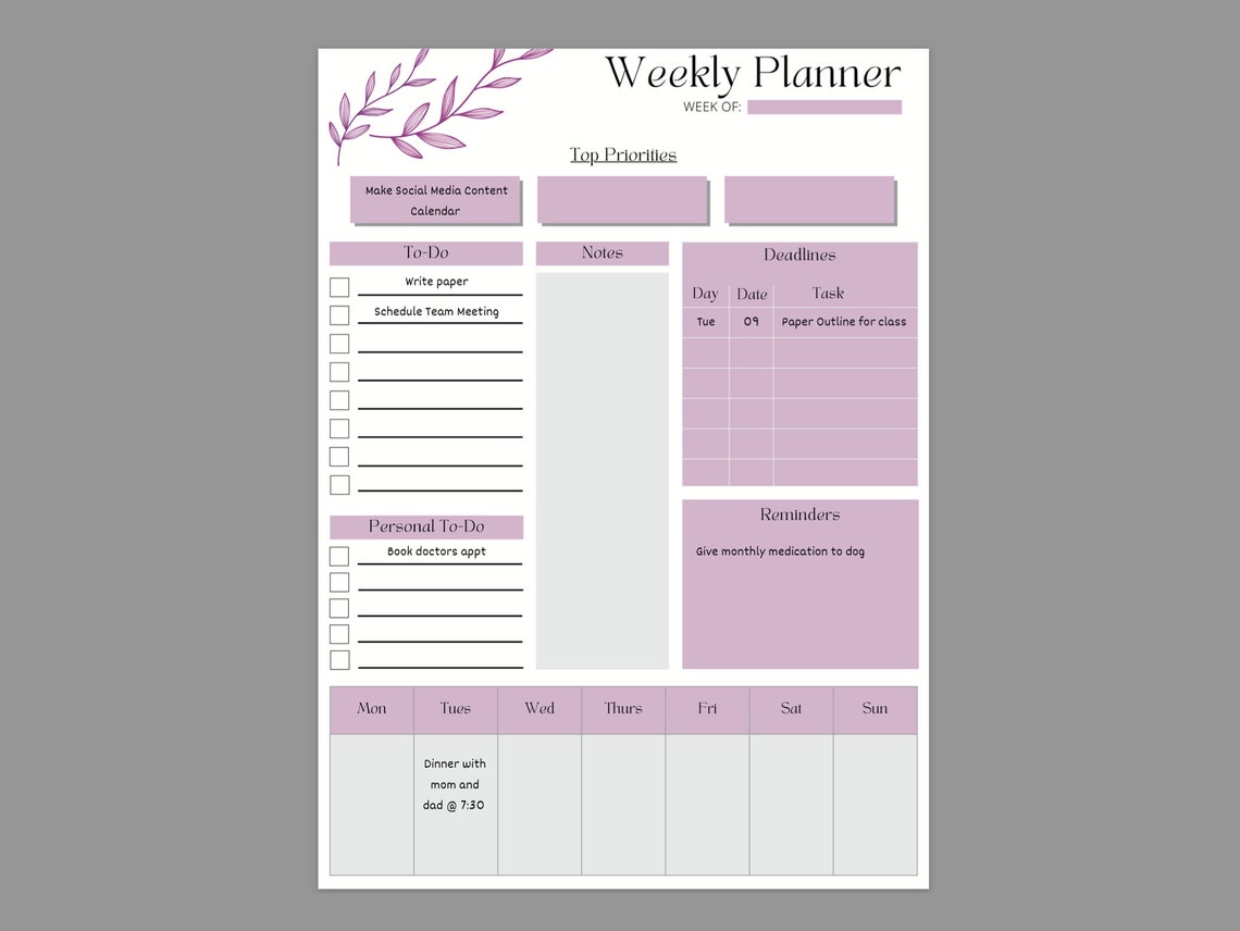 Weekly Planner, Goodnotes, Single Page Planner, Printable, Student ...