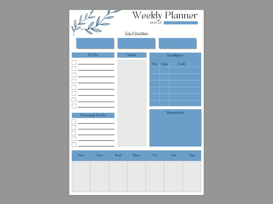 Weekly Planner, Goodnotes, Single Page Planner, Printable, Student ...