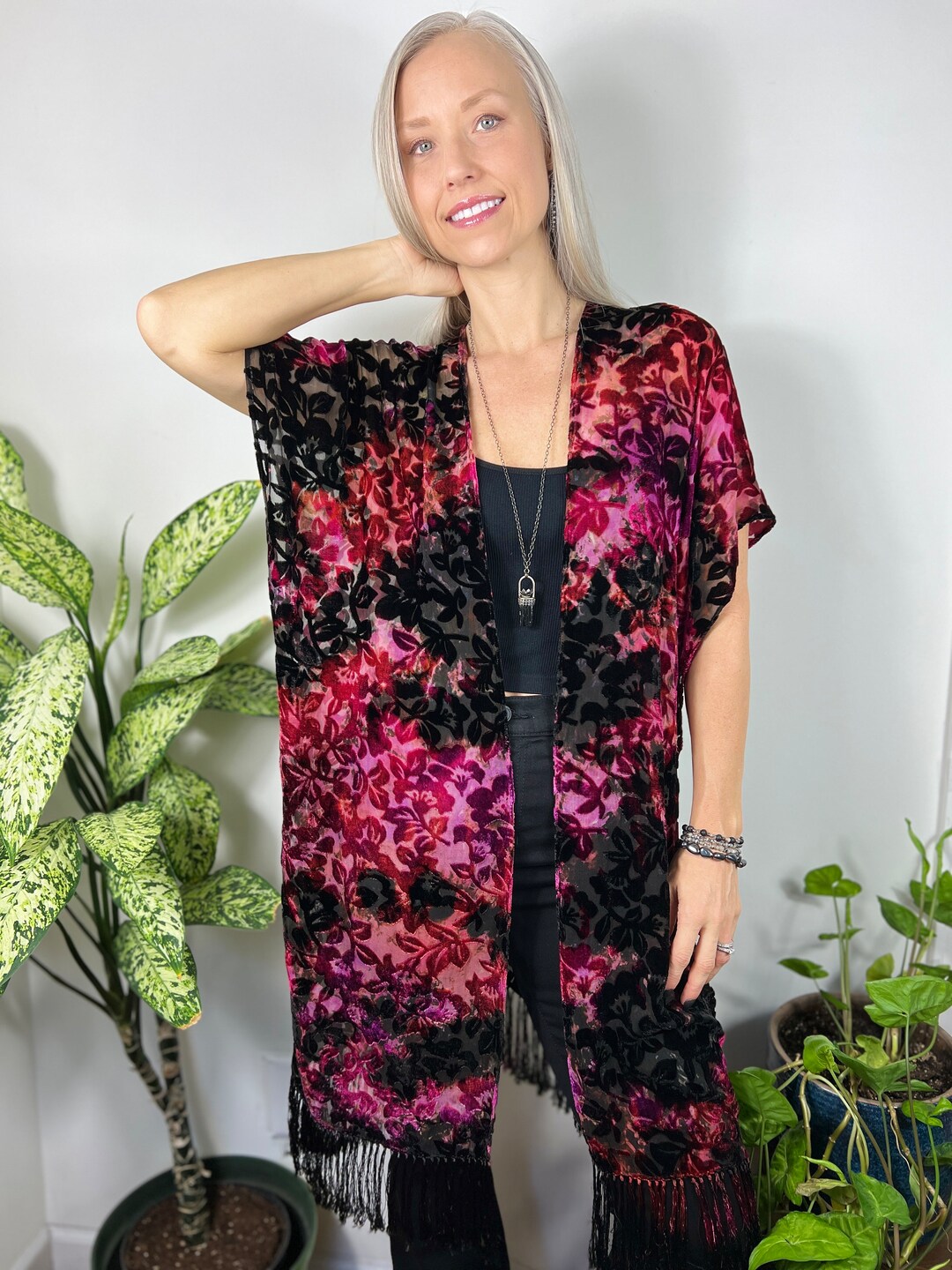 Red Velvet Kimono, Colorful Velvet Top, Velvet Fringe Kimono, Burnout ...