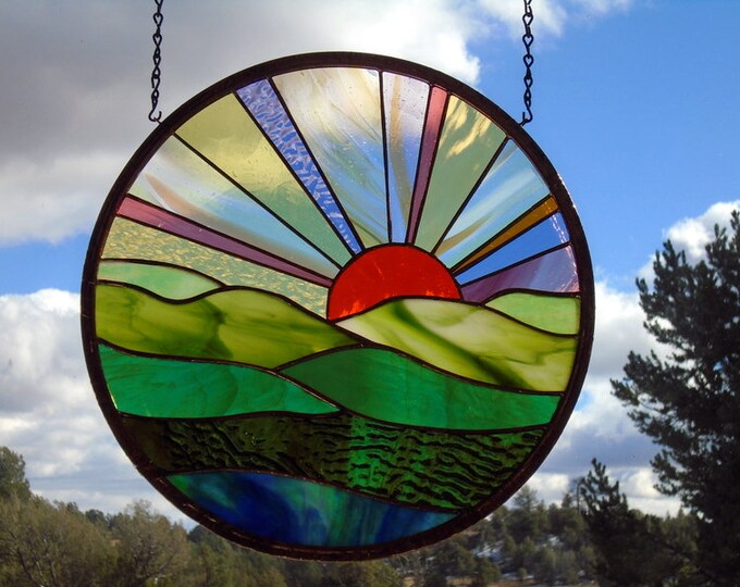 Stained Glass Window Panel" FOREVER SUNSET 3" Stained Glass Hanging ...