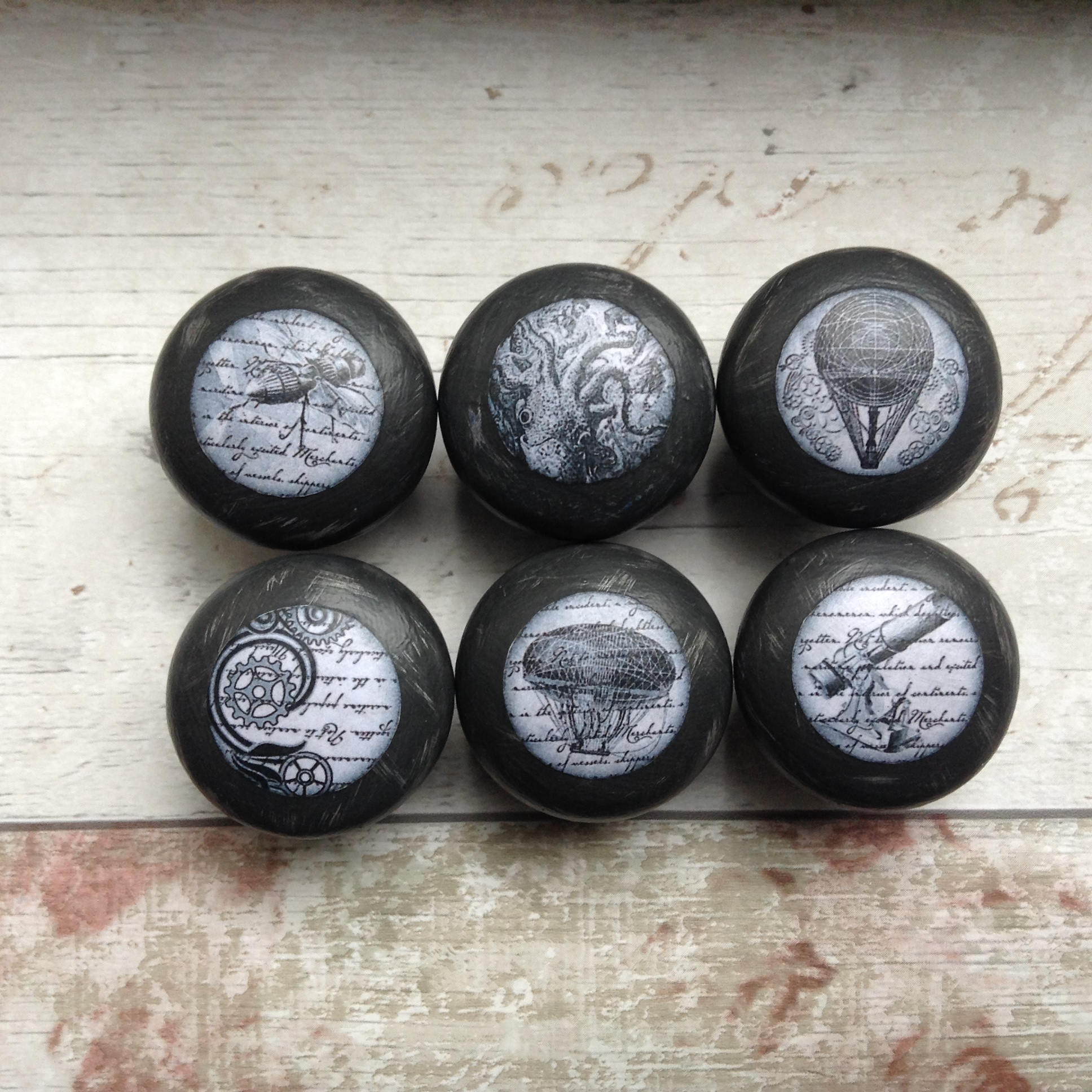 Steampunk handles decoupaged drawer knobs cream or black | Etsy