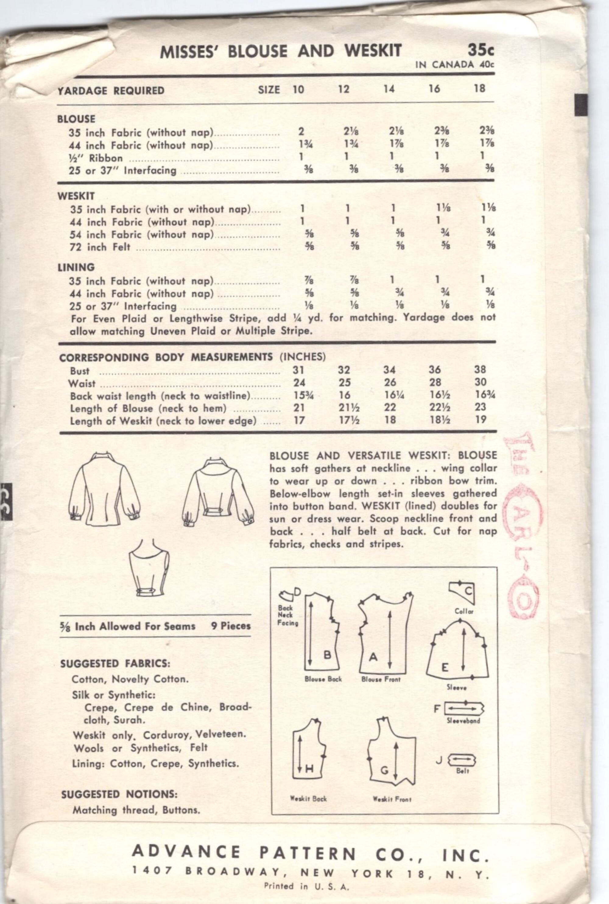 Blouse and Weskit Sewing Pattern Size 14 Bust 34 Advance - Etsy