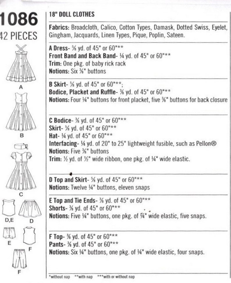 18 Doll Clothes Sewing Pattern, Dress, Top, Skirt Pants Simplicity 1086 ...