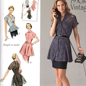 Misses 1950's Retro Reproduction Tunic & Peplum Blouse Sewing Pattern ...