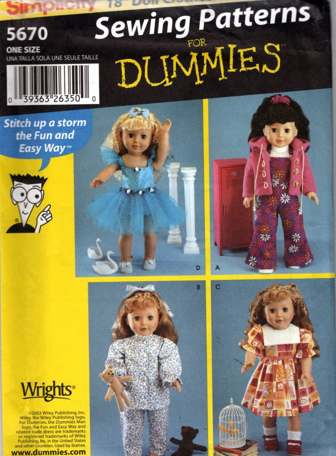 18 Doll Clothes Sewing Pattern, Sewing for Dummies Simplicity 5670 ...