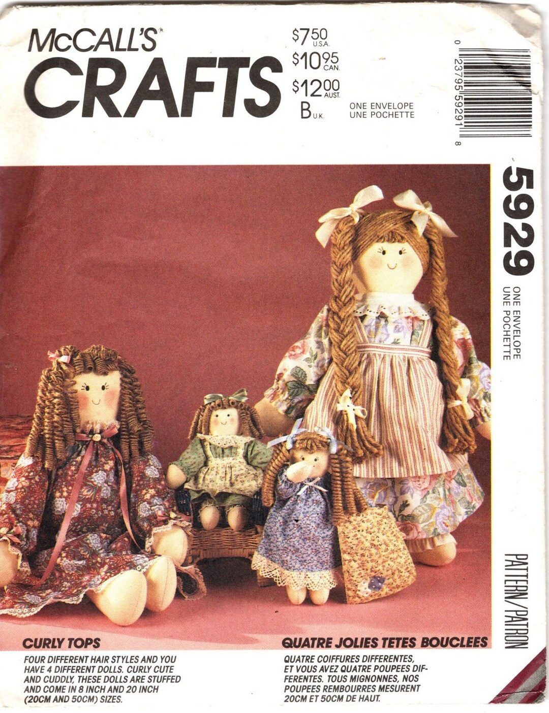 Curly Hair Rag Dolls Sewing Pattern 8" & 20" Prairie Dolls Mccalls 5929 ...