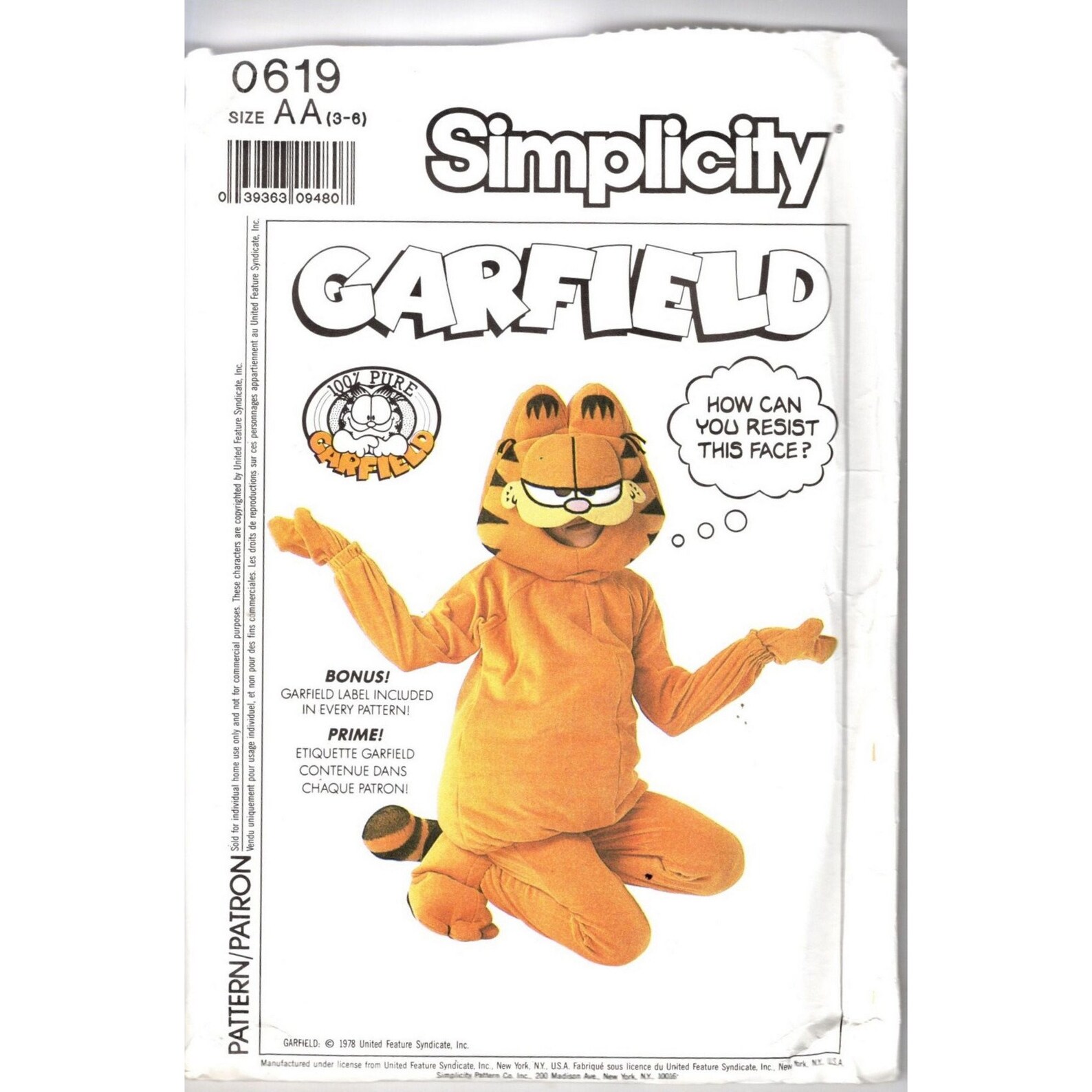 Toddler Childs Garfield Costume Sewing Pattern Simplicity 0619 Size 3 4 ...