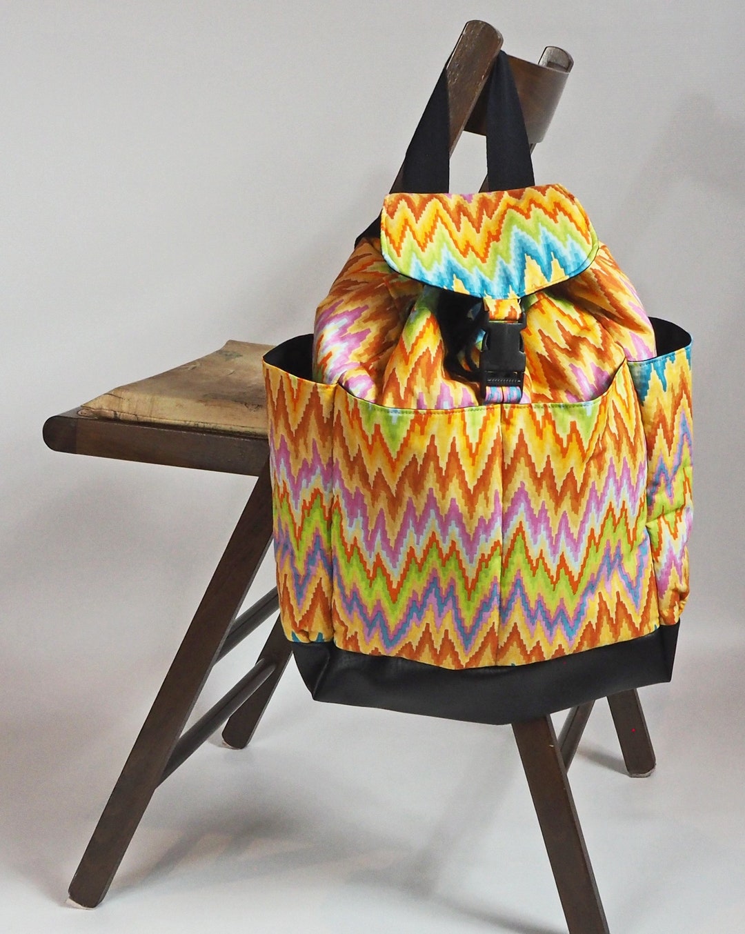 SALE Multi Coloured Zigzag Backpack / Fabric and Faux Leather Backpack ...