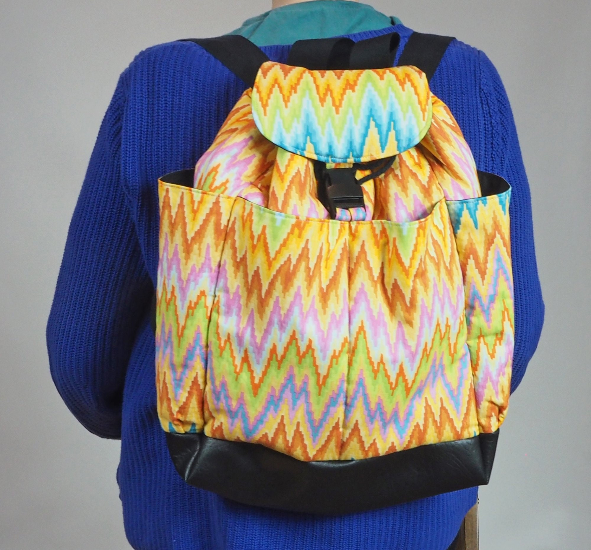 SALE Multi Coloured Zigzag Backpack / Fabric and Faux Leather Backpack ...
