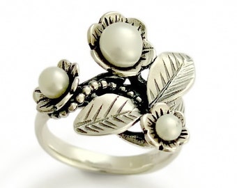 Pearl Flower Ring Gold Pearl Ring Gold Rhinestones Ring - Etsy Israel