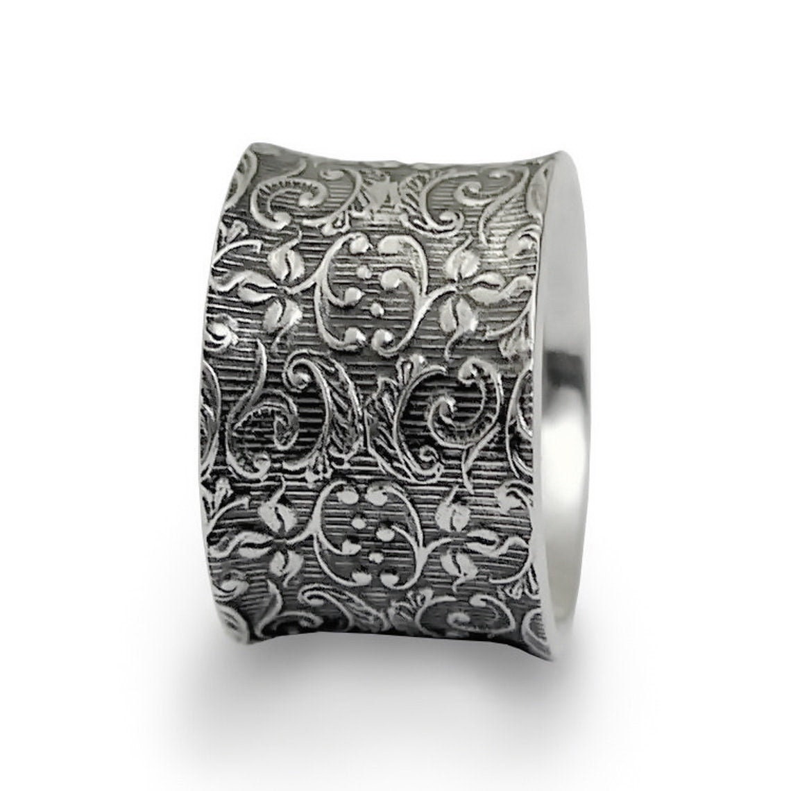 Personalized Textured Silver Ring With Floral Pattern - Etsy