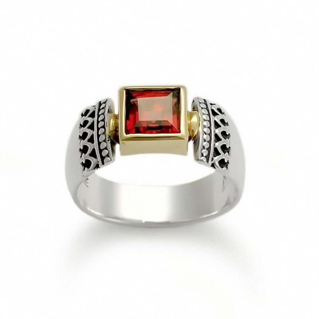 Two Tone Square Garnet Ethnic Ring - Etsy