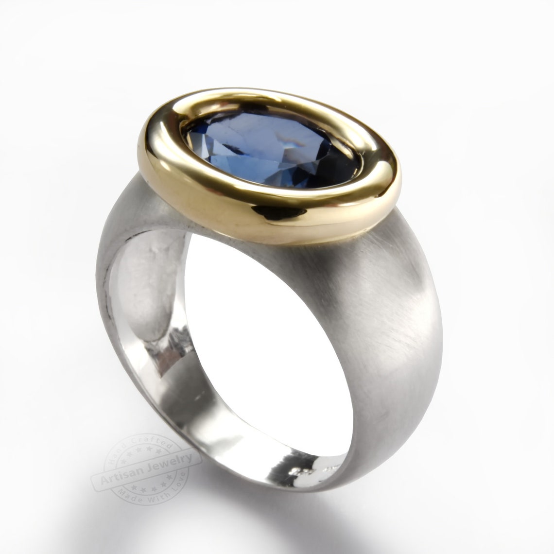 Large Two Tone Ring With Blue Sapphire - Etsy