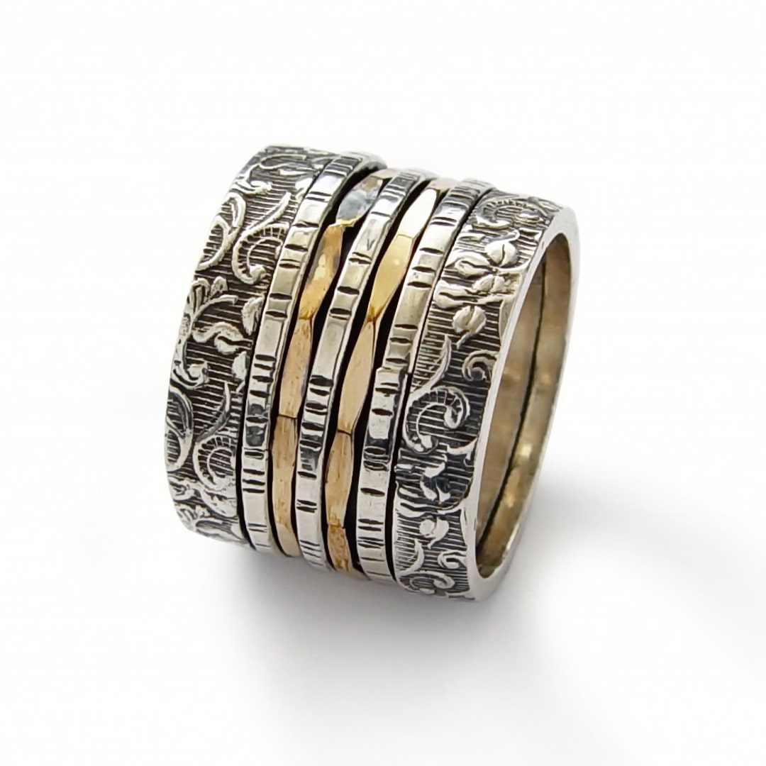 Wide Floral Silver and Gold Spinner Ring - Etsy