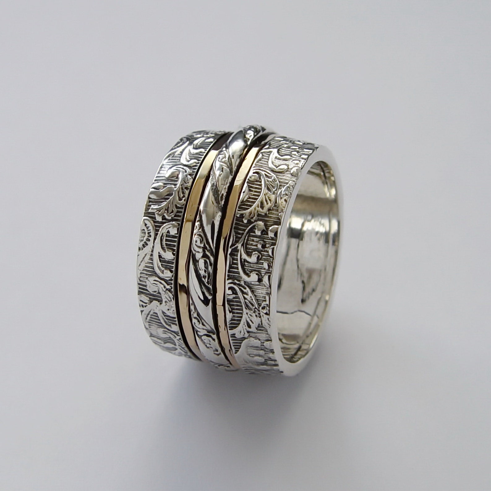 Silver and Gold Spinner Ring With Floral Texture - Etsy