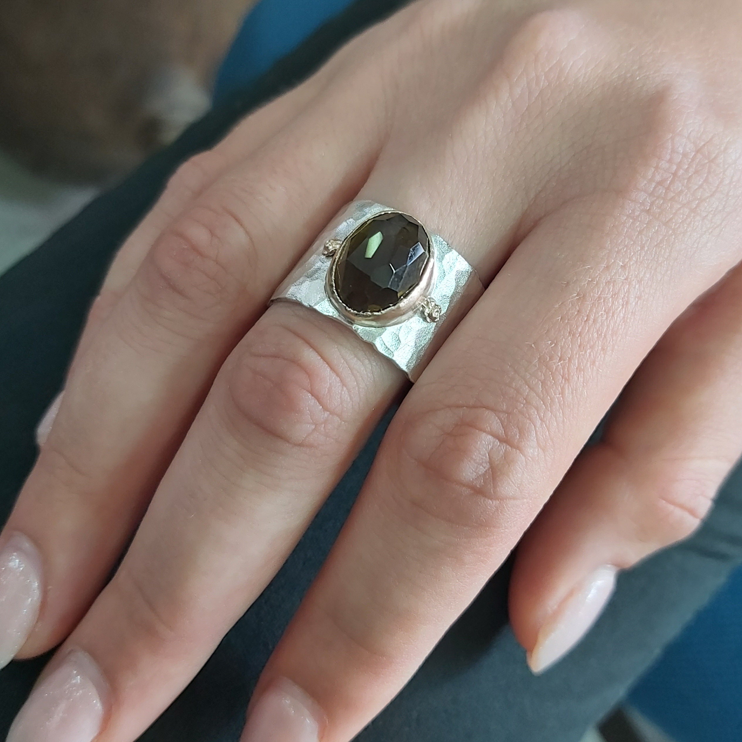 Rustic Silver ring with Gold Flowers and Smoky Quartz | Etsy