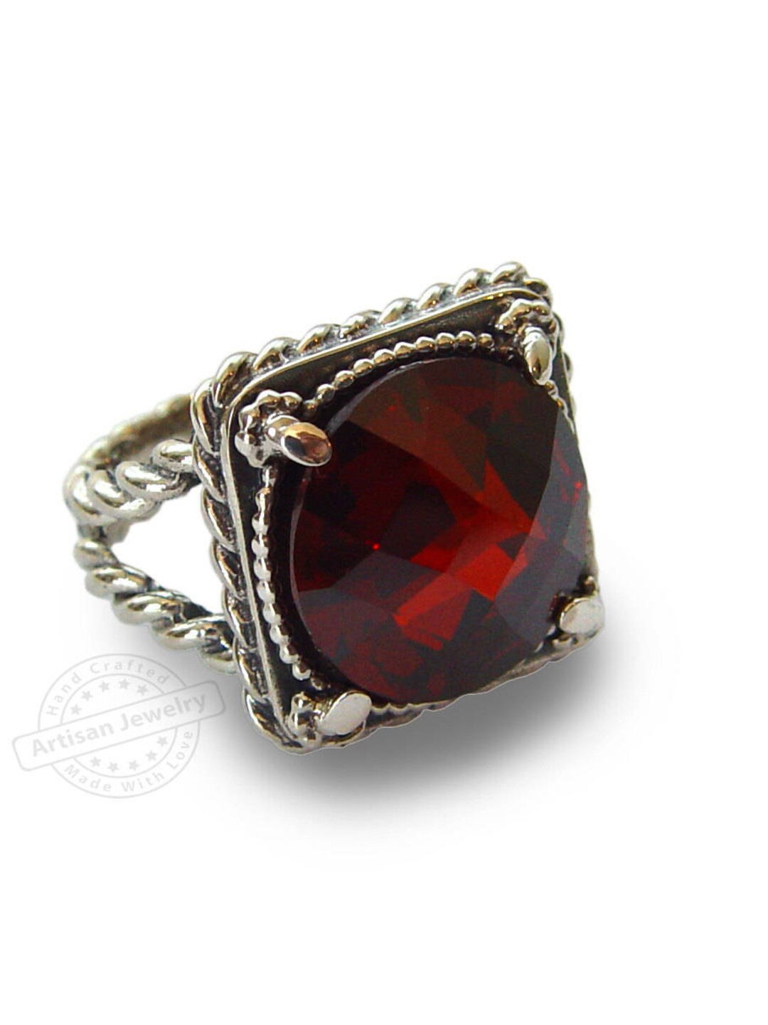 Red Clear Gemstone Ring, Cubic Zircon Ring, Sterling Silver Cable Ring ...