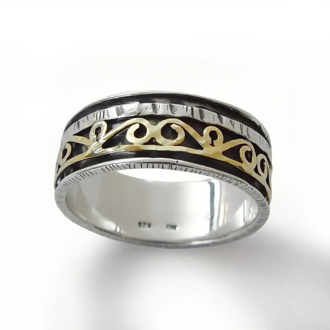 Mixed Metals Ethnic Band, Silver Spinner Ring, Rustic Wedding Band ...