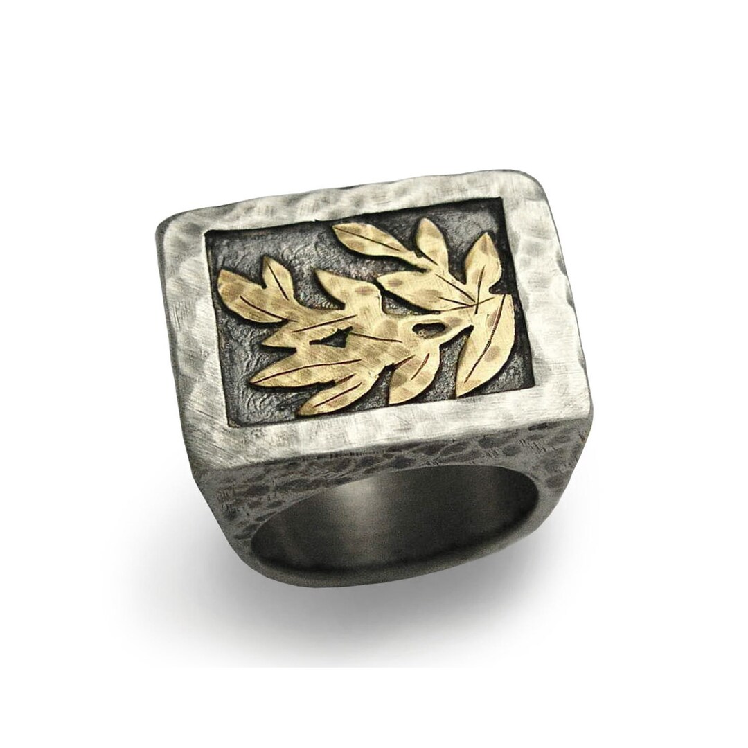 Two Tone Signet Ring With Leaves - Etsy