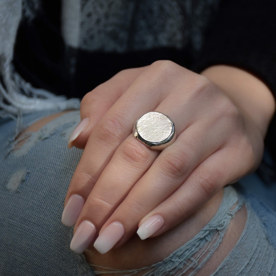 Hammered Silver and Gold Signet Ring - Etsy