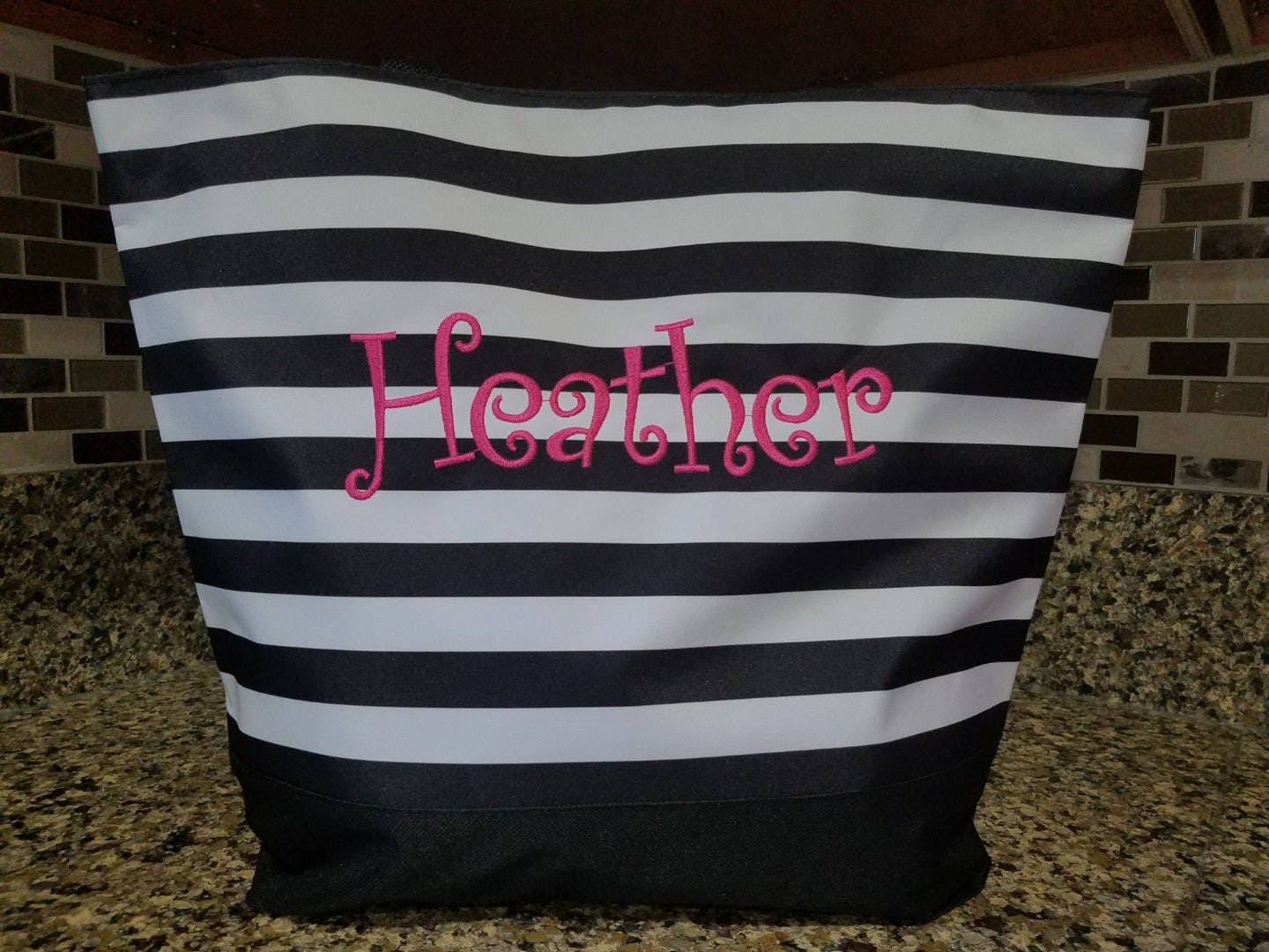 Pink/WhiteStripe Zipper Tote Bag Beach Bag With Monogram Baby | Etsy