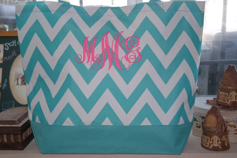 Turquoise CHEVRON Tote Bag Beach Bag With Monogram - Etsy