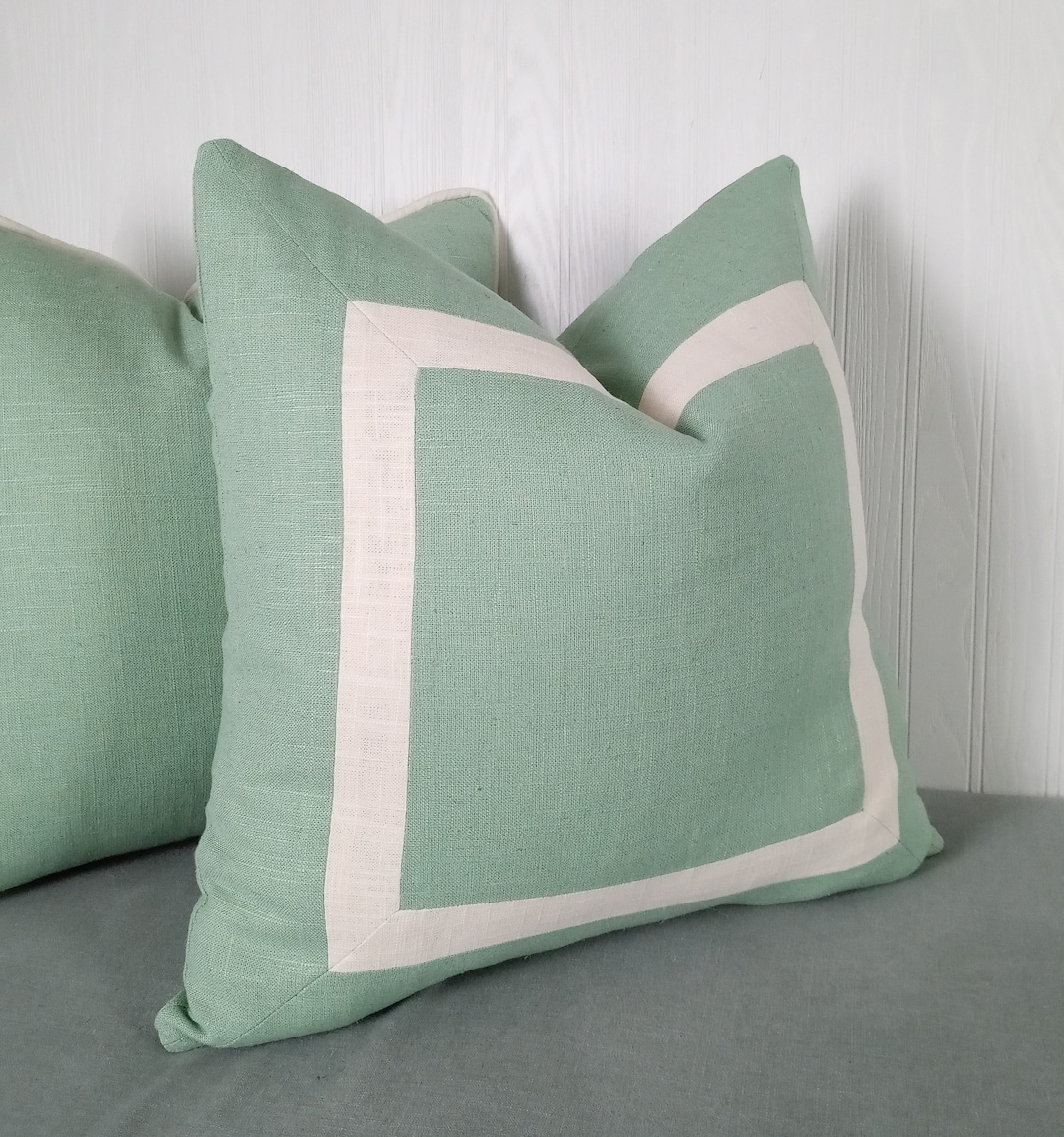 Light Green Pillow Cover With Mitered Band White or Ivory 18x18 20x20 ...