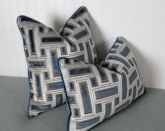 Geometric Blue Velvet Pillow - Etsy
