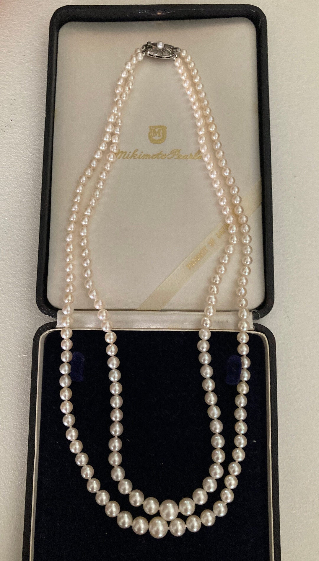 Mikimoto Pearl Necklace, 18 & 19 Double Strand, Silver Clasp in Black ...