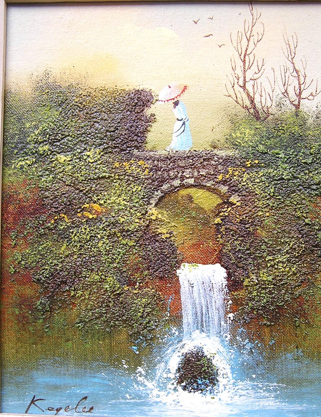 Keyelee Signed Oil Painting Canvas Lady With Parasol on Bridge, Framed ...