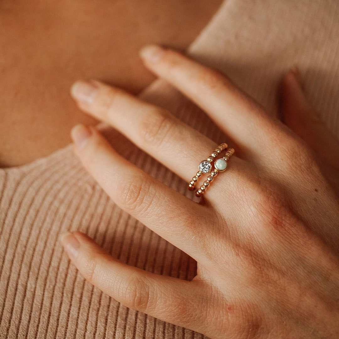 Mia Birthstone Ring • Gold, Rose Gold or Silver - Beaded Gemstone Ring - Minimalist Birthstone ...
