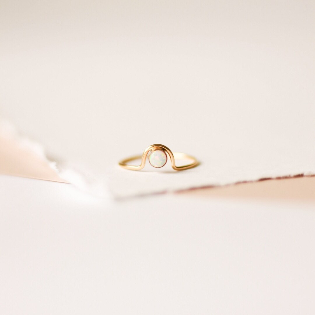 Opal Arch Ring October Birthstone Ring 14k Gold or Silver Modern Stacking Ring Small Round Opal ...