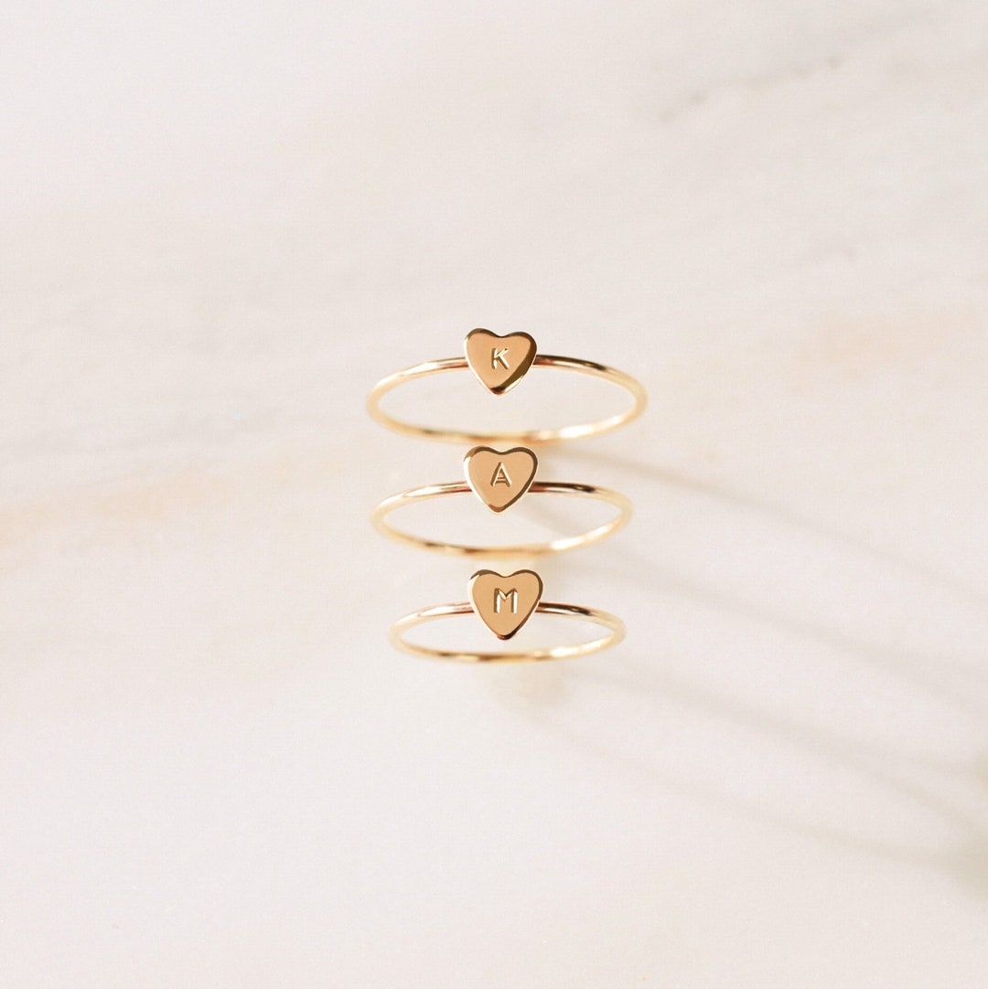 Cleo Heart Ring • Dainty Personalized Initial Ring - Solid 14k, Gold ...