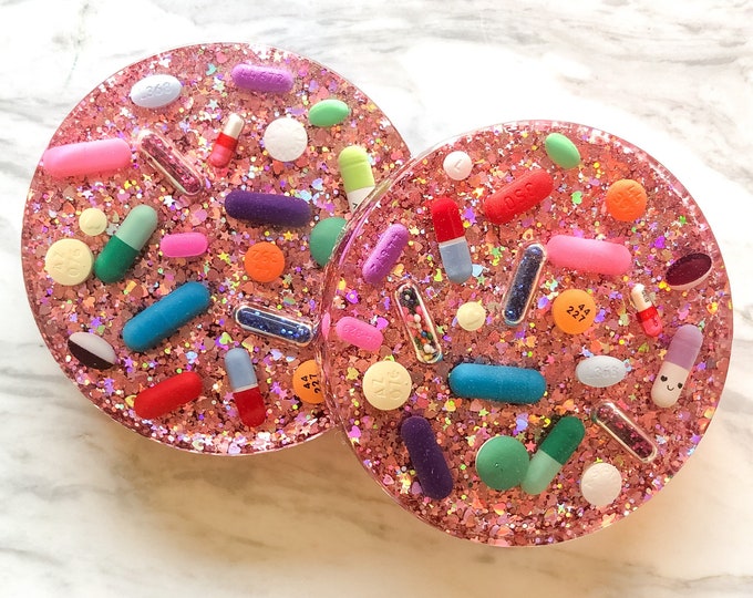 Pink Lady Glitter Resin Pill Coasters - Set of TWO - Etsy