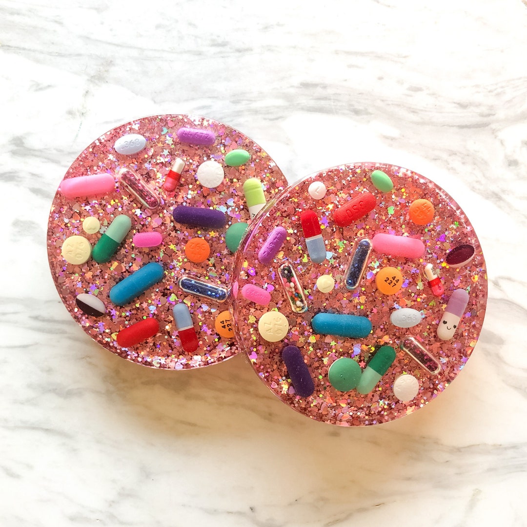 Pink Lady Glitter Resin Pill Coasters - Set of TWO - Etsy